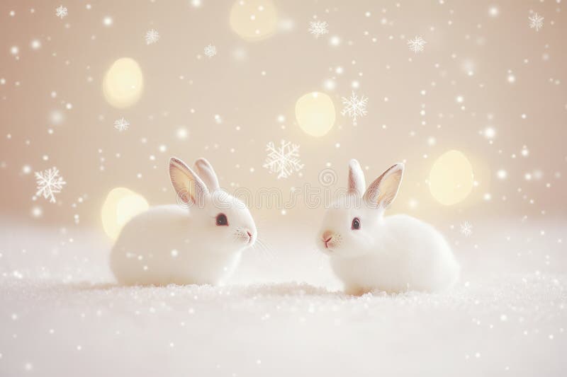 Two Fluffy White Rabbits Sit Together on a Snowy Surface, Surrounded by ...