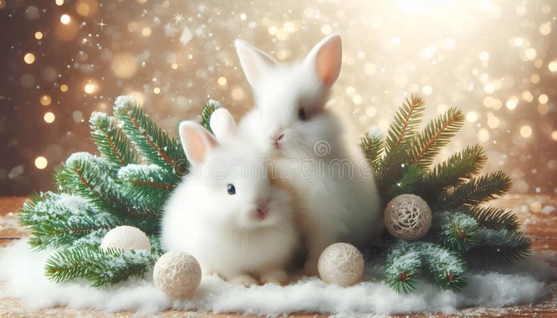 Two Fluffy White Rabbits Sitting in the Snow Stock Illustration ...