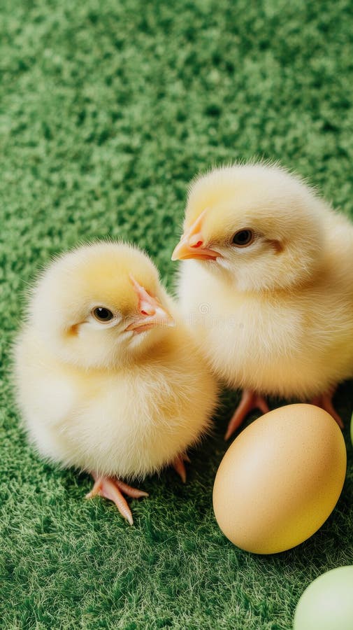 Two Fluffy Yellow Chicks and Eggs on Green Grass, Capturing the Essence ...