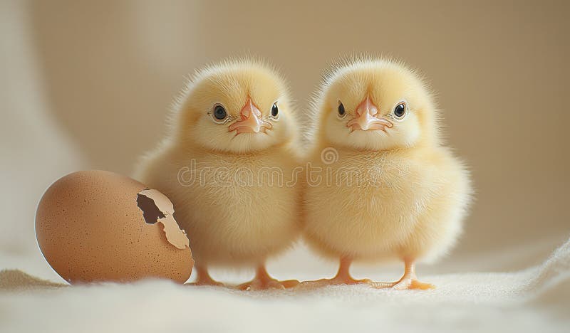 Two Fluffy Yellow Chicks Standing Next To a Cracked Egg on a Soft ...
