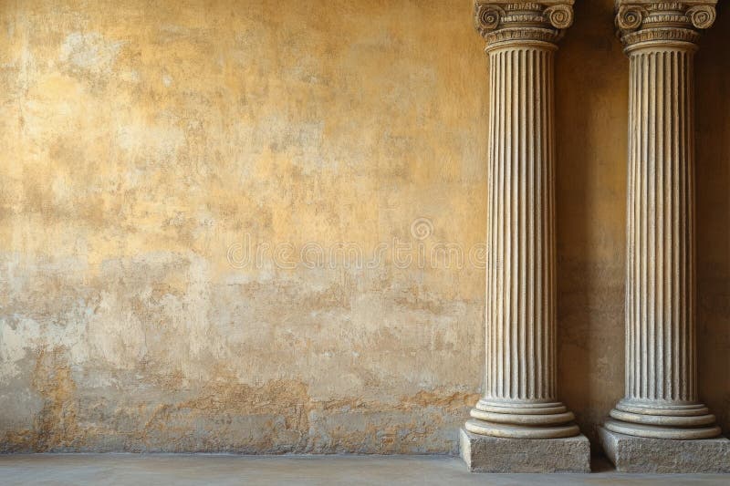 Two Fluted Columns Standing in Front of an Old Ochre Wall, Creating a ...