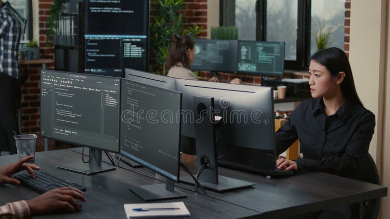 Focused Programmers Typing Laptop Window Workplace Closeup. Team Collaborating Stock Video ...