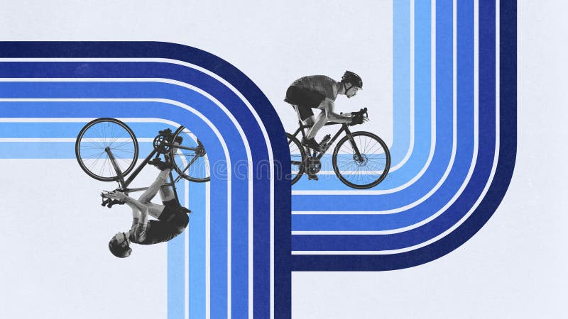 Two Focused Men Competing, Riding Bicycle on Curving Road Against Light ...