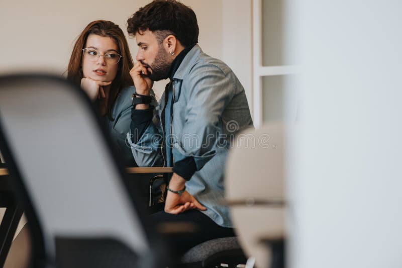 Focused Colleagues Discussing Work Project on Computer in Office Stock ...