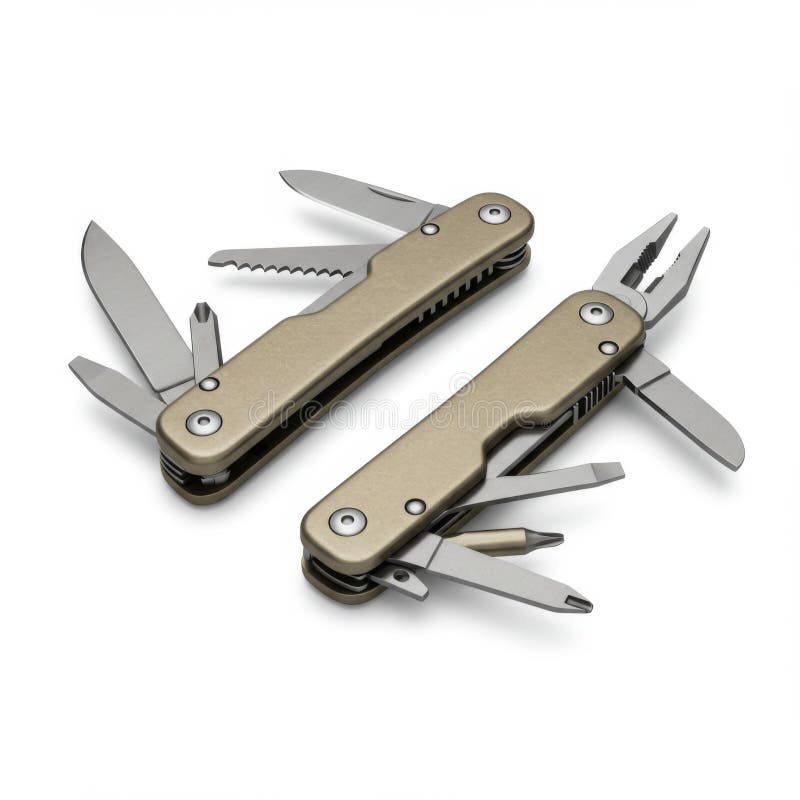 Two Foldable Metallic Multi Tools on White Background with Various ...