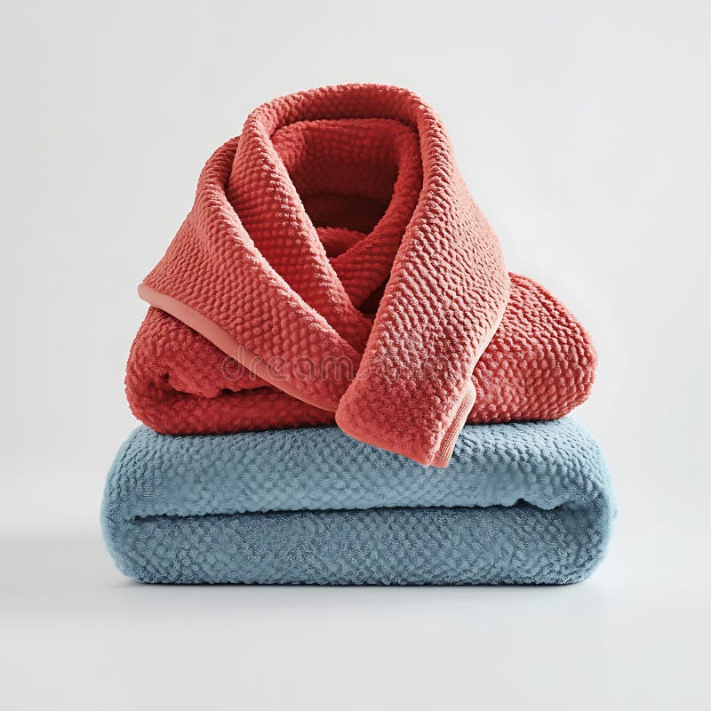 Two Folded Bathrobes are Stacked, Featuring a Soft, Textured Fabric ...