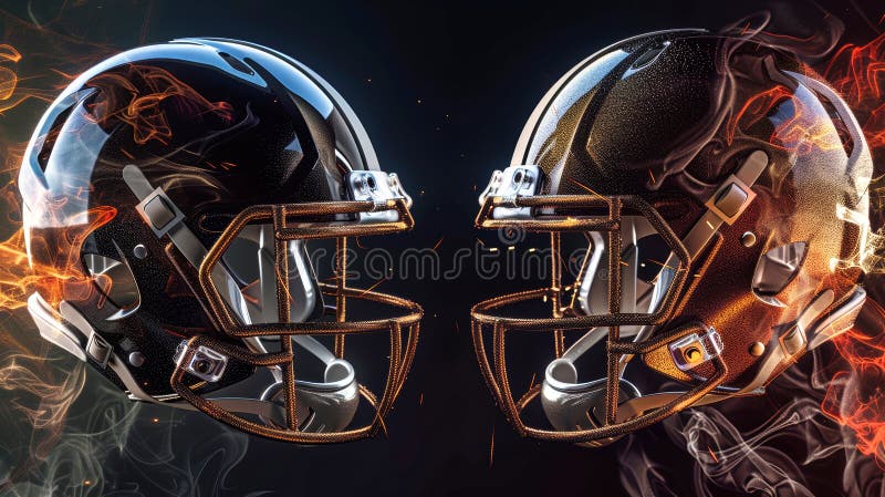 Two Football Helmets, Each Engulfed in Flames, Face Each Other in a ...