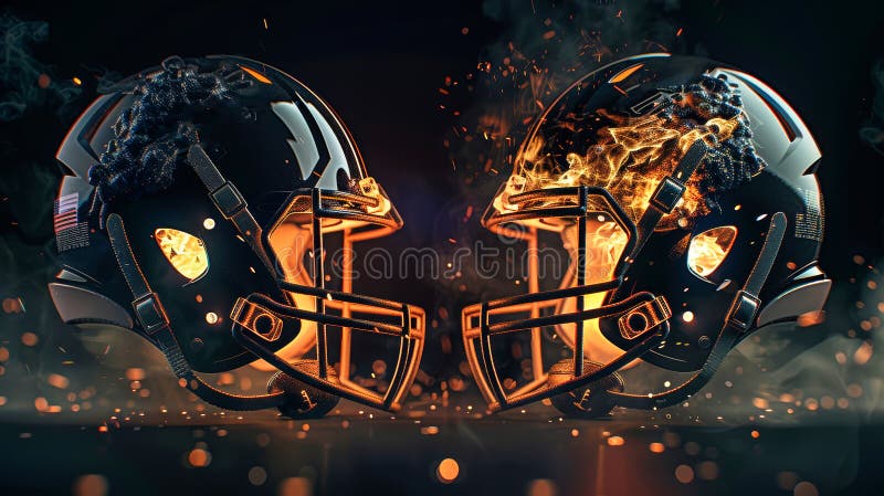 Two Football Helmets Face Each Other, One Engulfed in Flames, Creating ...