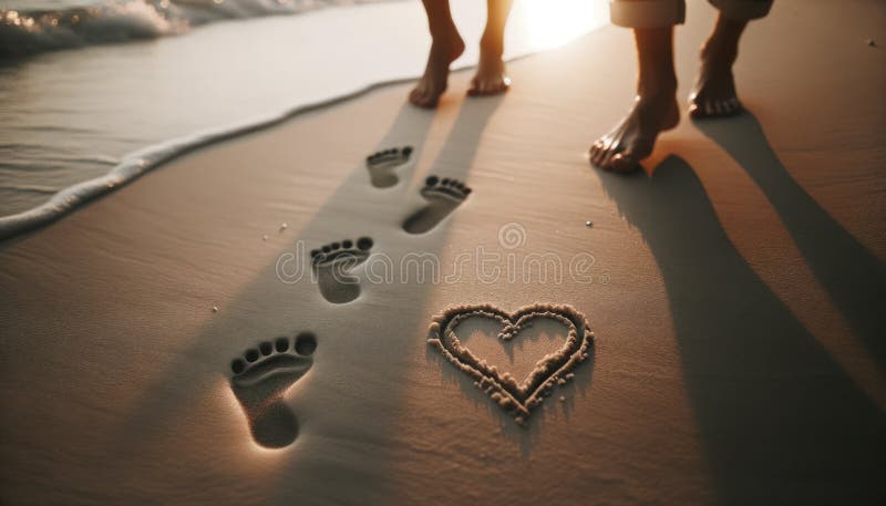 Two Footprints Side by Side on a Beach, a Heart Drawn in the Sand ...