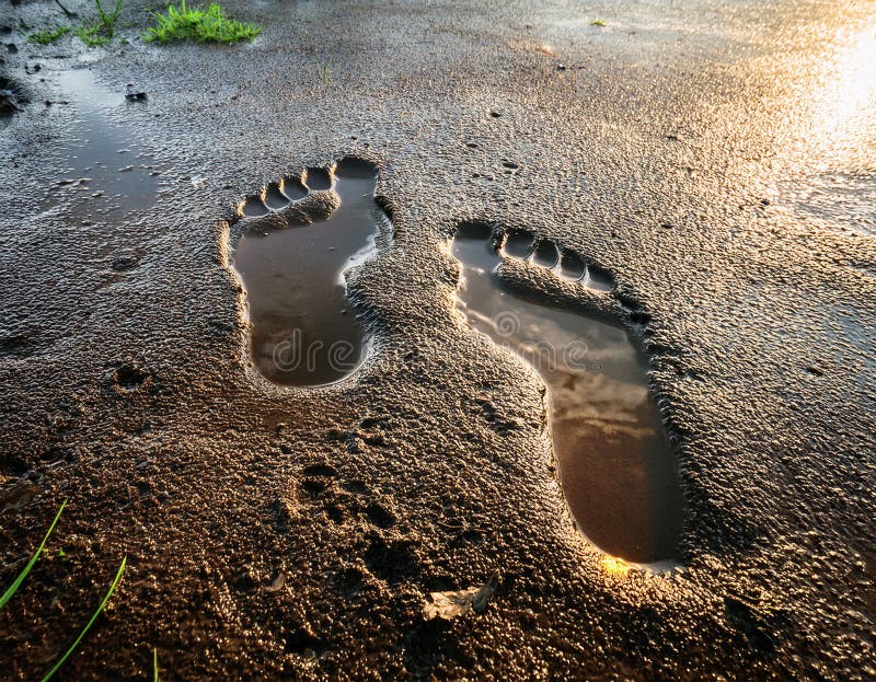 Two Footprints on Wet Earth after Rain, Symbolizing Traveling Side by ...
