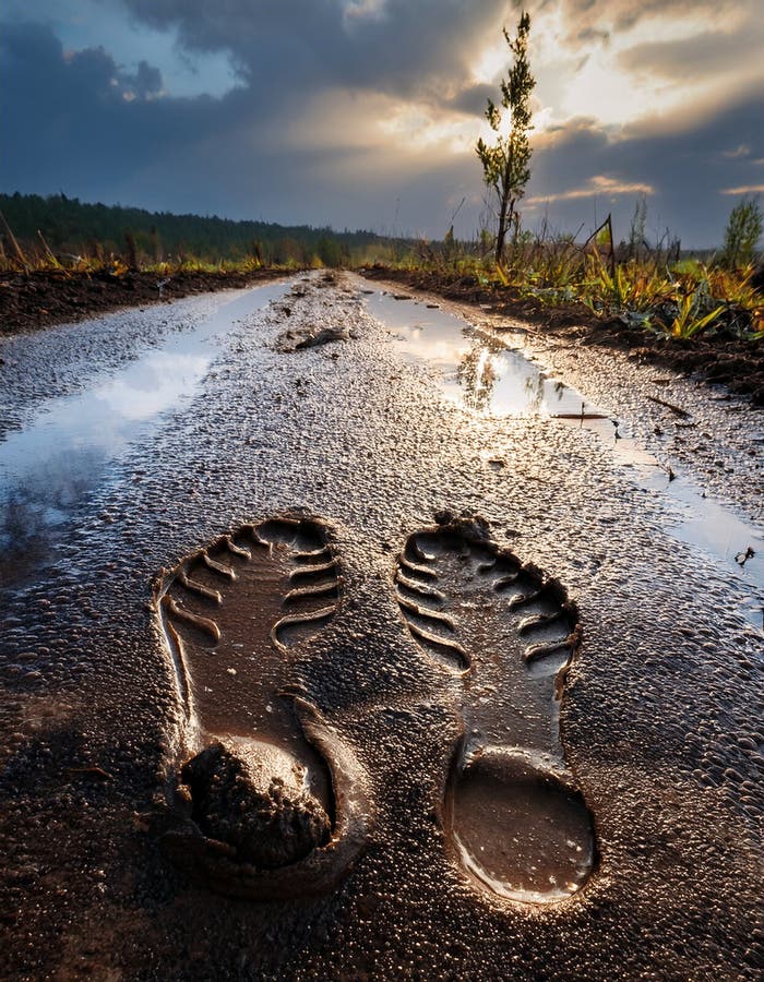 Two Footprints on Wet Earth after Rain, Symbolizing Traveling Side by ...