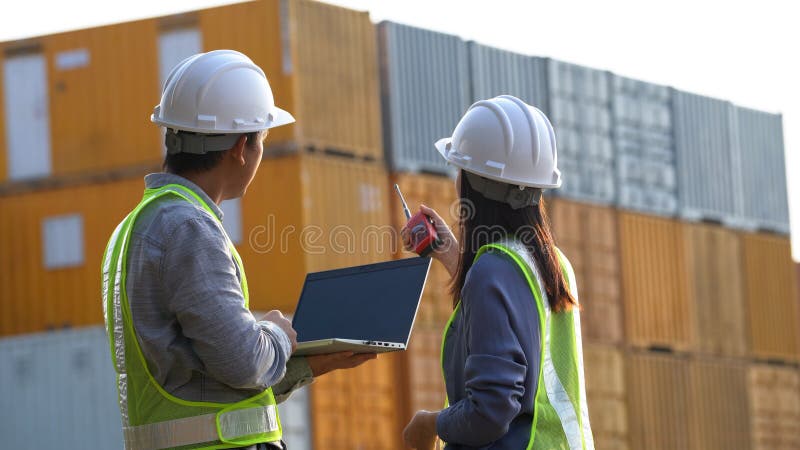 Two Foreman Checking and Control Loading Containers Box from Cargo ...