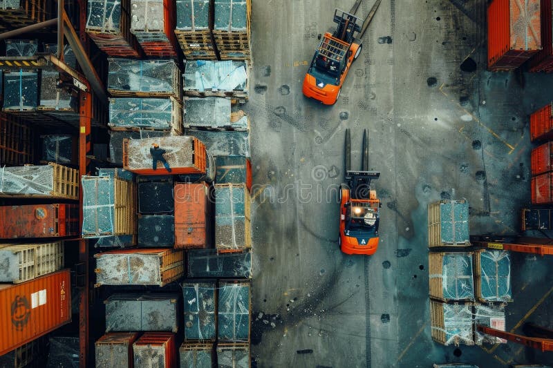Two Forklifts are Seen Moving Pallets of Goods Inside a Warehouse in ...
