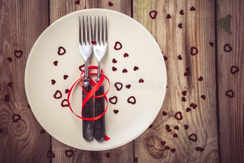 Two Forks on a Plate with a Red Ribbon Stock Photo - Image of coffee ...