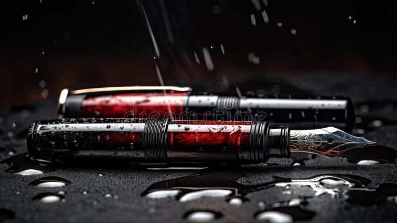 Two Fountain Pens Sitting on Top of a Table Covered in Water Stock ...