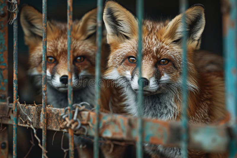 Two Foxes in the Cage on the Fur Farm Stock Illustration - Illustration ...