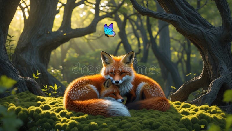 Two Red Foxes Huddled Together in a Sunlit Mossy Forest Stock Illustration - Illustration of ...