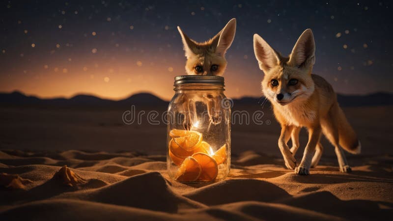 Enchanted Fennec Foxes with Glowing Oranges in Desert Night Stock ...