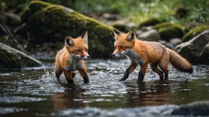 Two Foxes Play in a Shallow Stream, Splashing Water Amidst a Natural ...