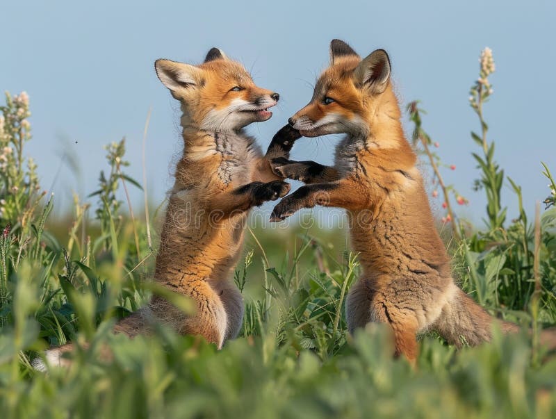 Two Foxes Playfully Interacting in a Grassy Field Under a Clear Sky ...