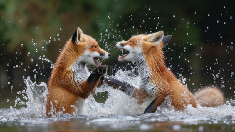 Two Foxes Playing in the Water with Each Other, AI Stock Image - Image ...