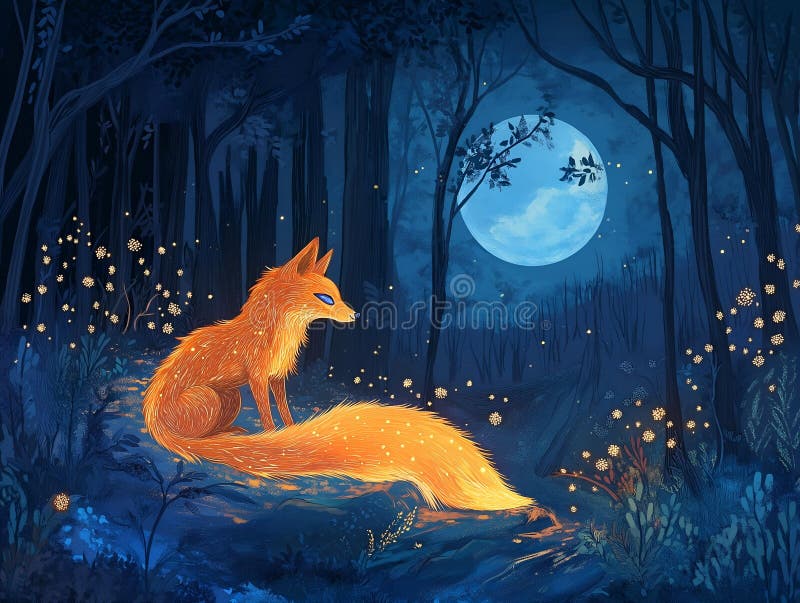 Two Foxes are Set Against a Full Moon, Dark Trees and Light Sky Create ...