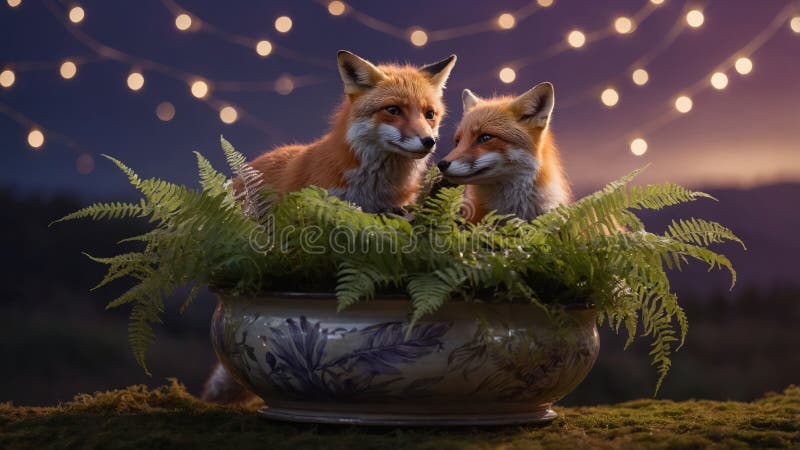 Two Foxes Sitting in a Decorative Pot Surrounded by Ferns and Fairy Lights Stock Illustration ...
