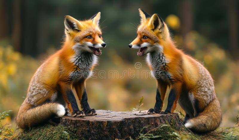Two Foxes are Sitting on a Log, One of Them is Looking at the Camera ...