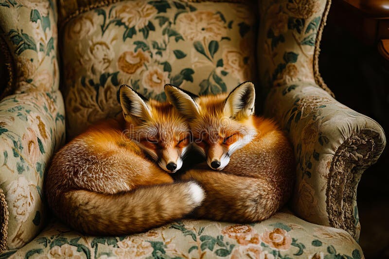 Two Foxes Sleeping on a Floral Patterned Chair in a Room Stock Photo - Image of color, wooden ...