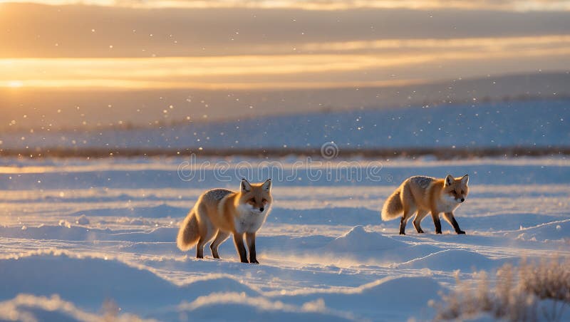Majestic Red Foxes in Snowy Sunset Landscape Stock Illustration ...