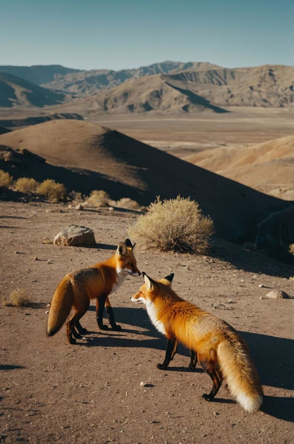 Two Red Foxes Meeting in a Desert Landscape at Sunset Stock ...