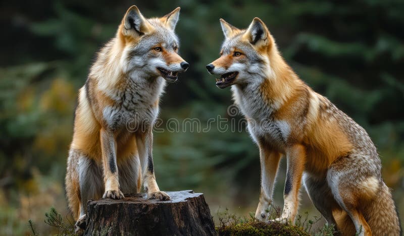 Two Foxes are Standing on a Log, Looking at Each Other Stock Photo ...
