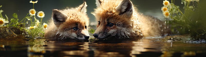 Two foxes in the water stock illustration. Illustration of fauna ...