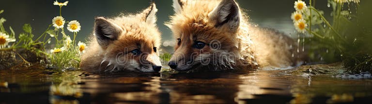 Two foxes in the water stock illustration. Illustration of fauna ...