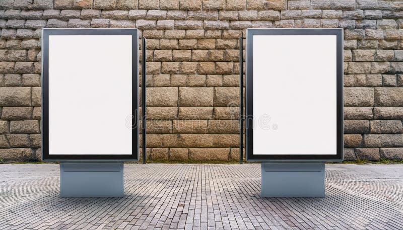 Two Freestanding Blank Billboards in Front of a Stone Wall on an Empty ...
