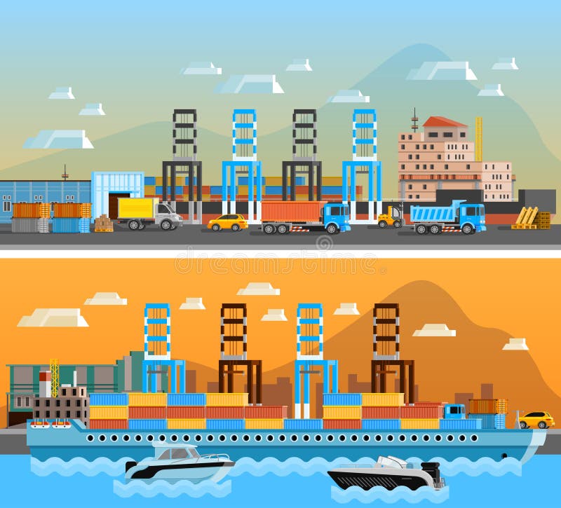 Sea Port Horizontal Banner Set Stock Vector - Illustration of boat ...