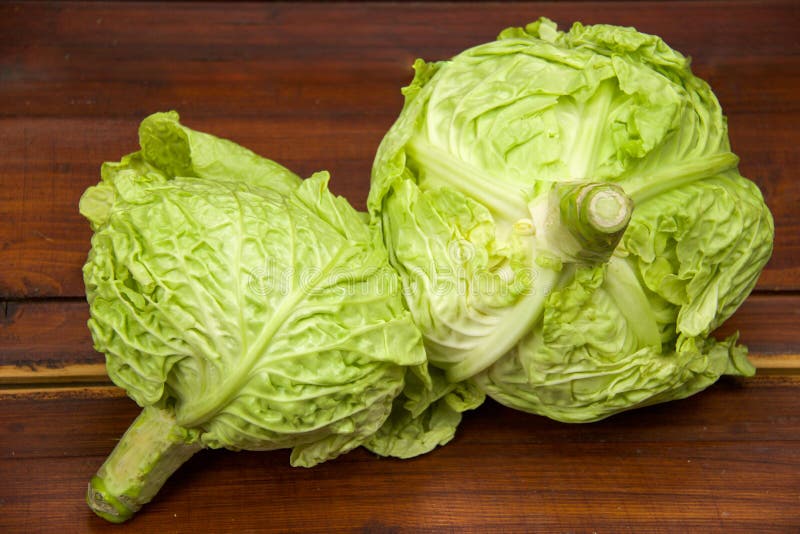Two Fresh Cabbages on Wooden Table. Stock Image - Image of nature, diet ...