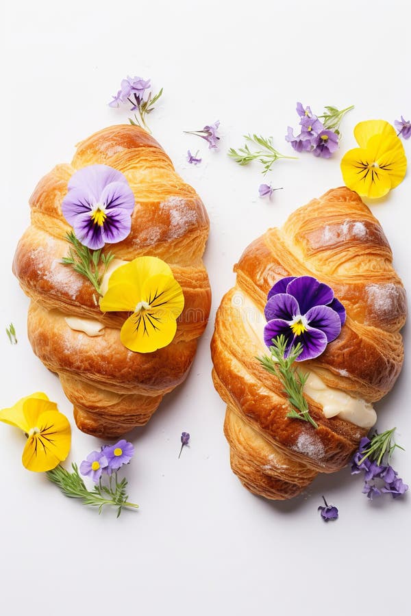 Two Fresh Croissants Decorated with Edible Pansy Flowers, Vertical ...