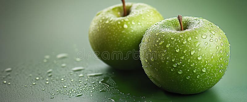 Two Fresh Green Apples Glisten with Moisture on a Green Surface ...