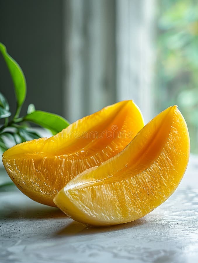 Two Fresh Mango Slices on a Table with Blurred Background. Stock Photo ...
