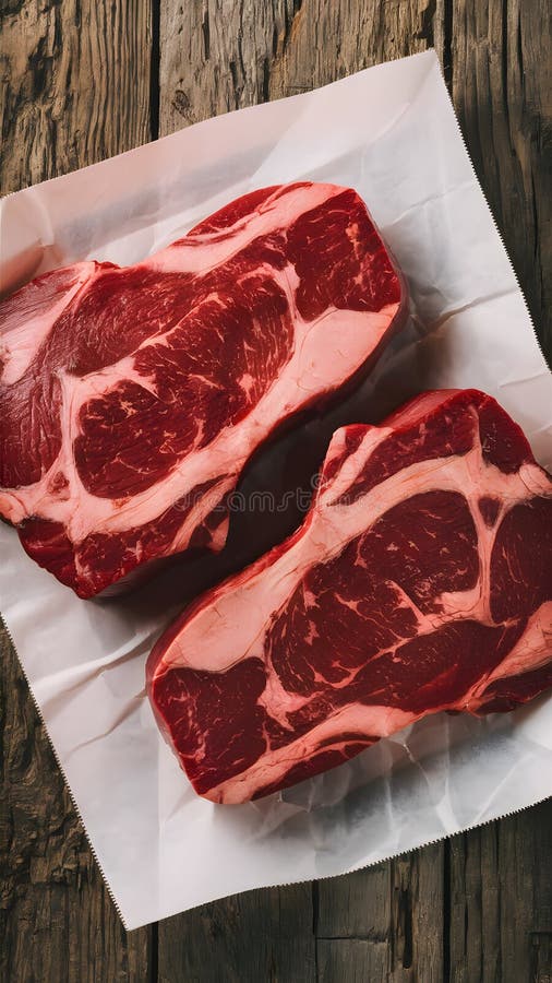 Two Fresh and Marbled Beef Cuts on Rustic Wooden Surface, Vibrant and ...