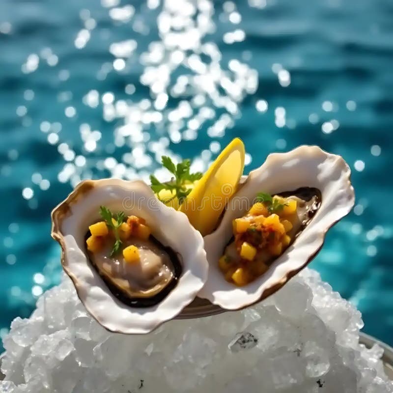 Two Oysters with Mango Salsa on Ice Near Ocean Stock Illustration ...