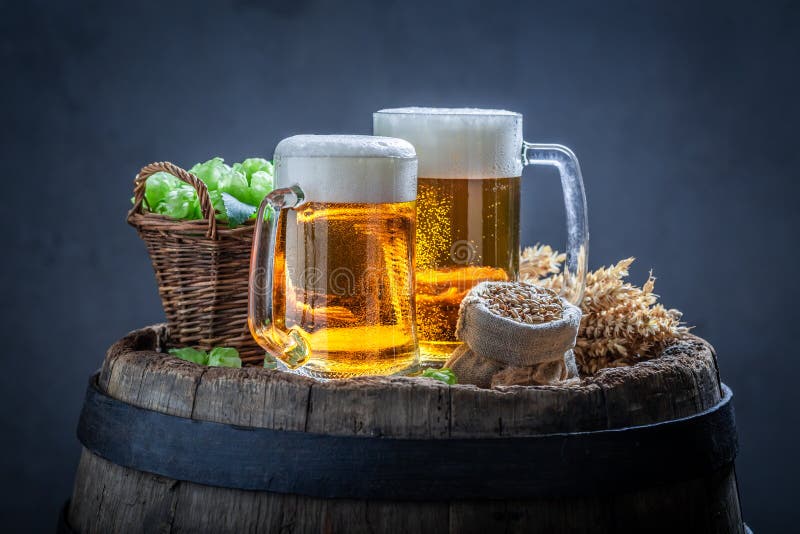 Two Fresh Pint of Beers on Old Barrel Stock Image - Image of barrel ...