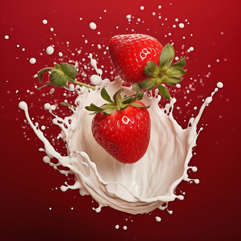 Two Fresh Strawberries Making a Dynamic Splash into a Pool of Cream ...