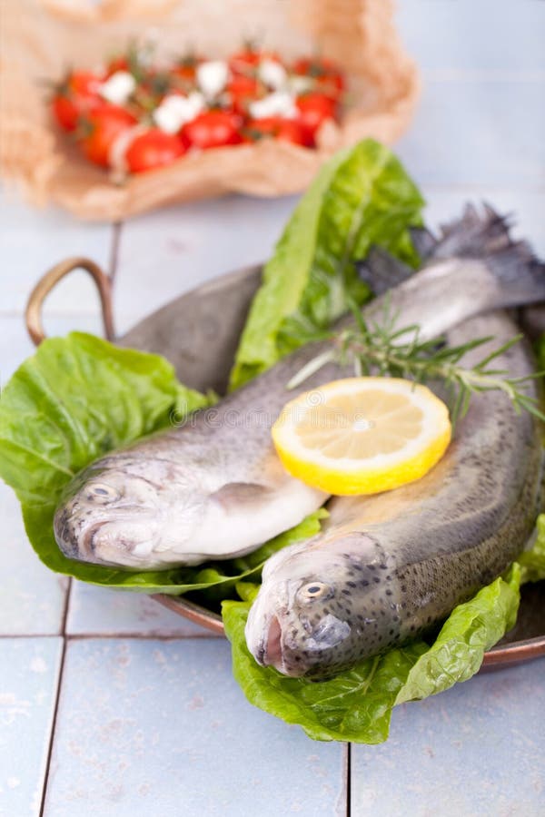 Two Fresh Trout Fish in an Old Pan Stock Image - Image of trout ...