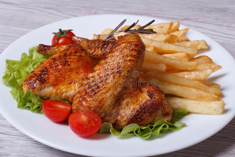 Two Fried Chicken Wings with a Crispy Crust and Fries Stock Image ...