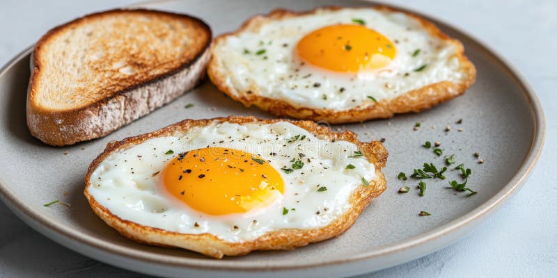 Two Fried Eggs with Crispy Edges and Slice of Toasted Bread on Plate ...