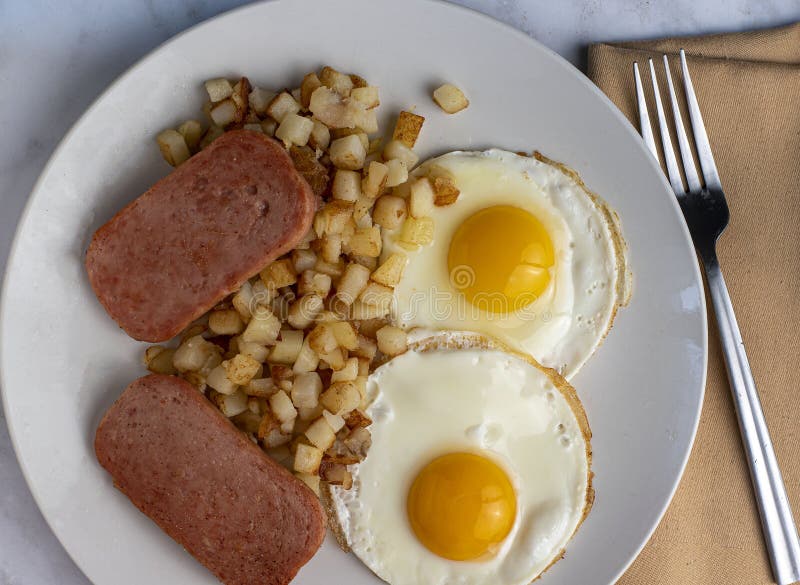 Two Fried Eggs with Fried Spam and Hash Browns Stock Image - Image of ...
