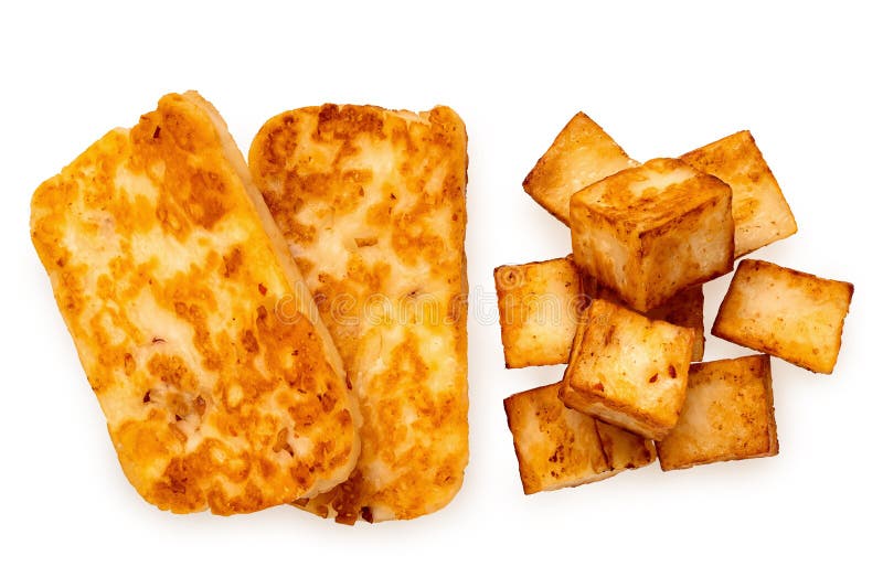 Two Fried Slices and Cubes of Halloumi Cheese with Red Chilli Isolated ...