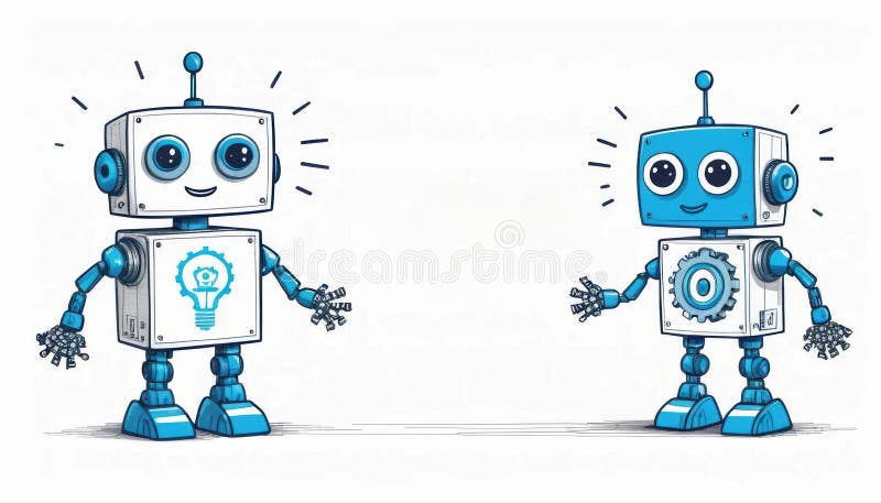 Two Friendly Cartoon Robots with Smiling Faces and Engaging Expressions ...